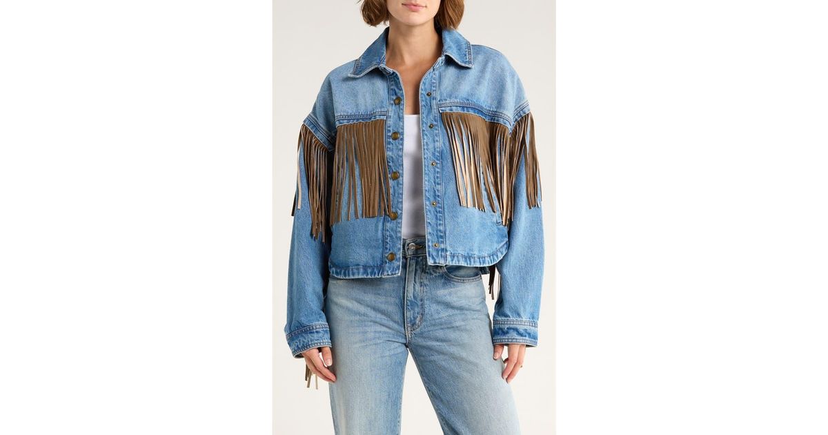 Blank NYC Western Fringe Denim Jacket in Blue | Lyst