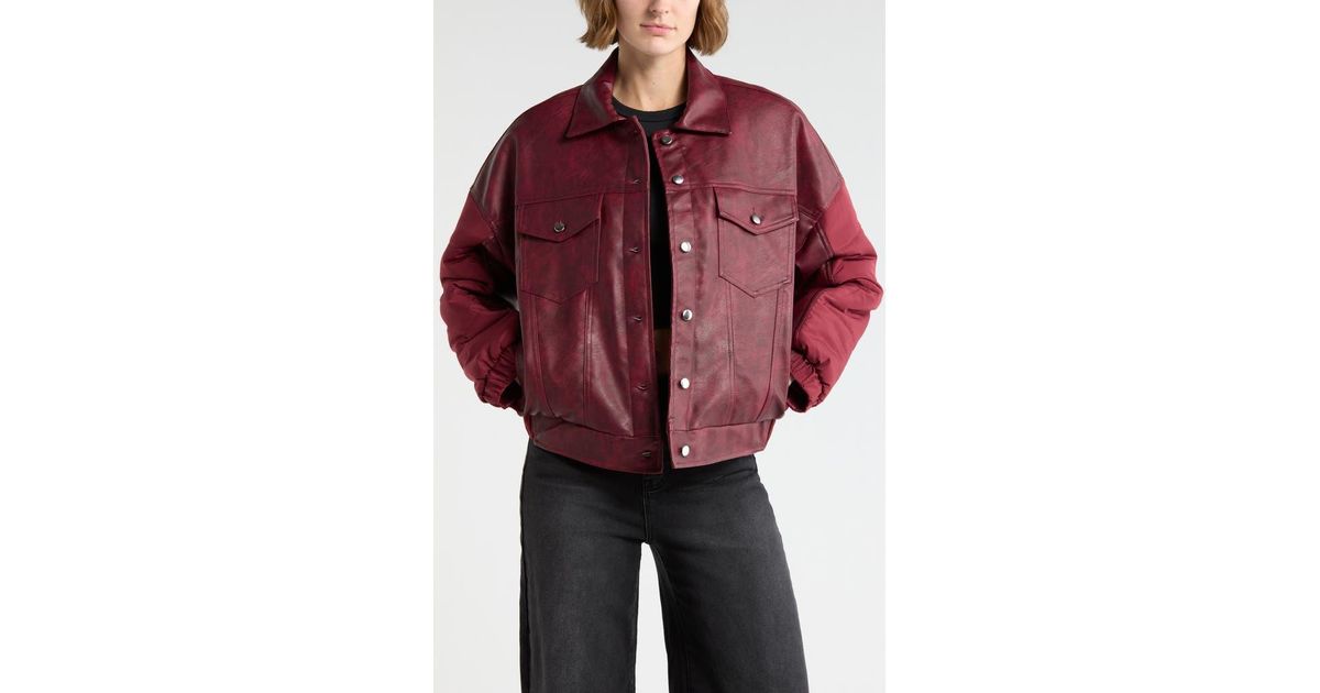 Vigoss Faux Leather Trucker Jacket in Red | Lyst