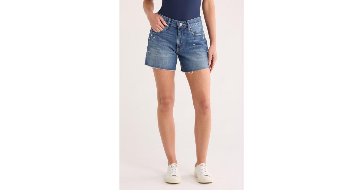 Lucky Brand '90S Embroidered Raw Hem Denim Shorts in Blue | Lyst