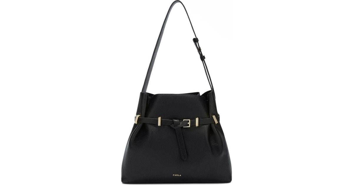 Furla Aura Belted Leather Shoulder Bag in Black | Lyst