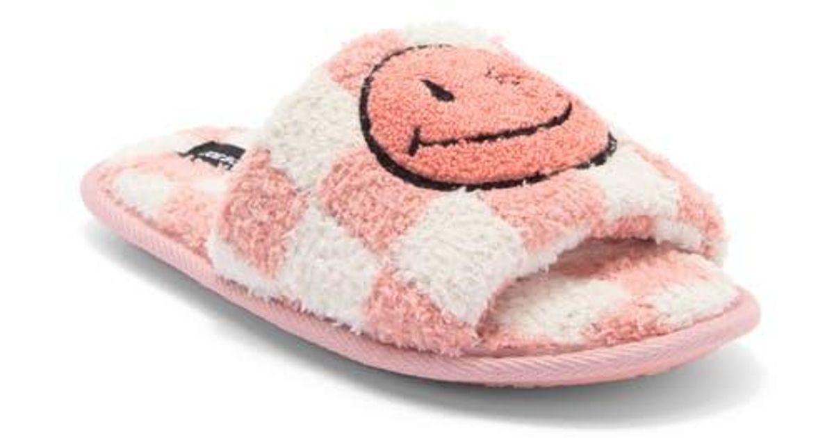 Joe Boxer Faux Fur Happy Face Slide Slipper in Pink | Lyst