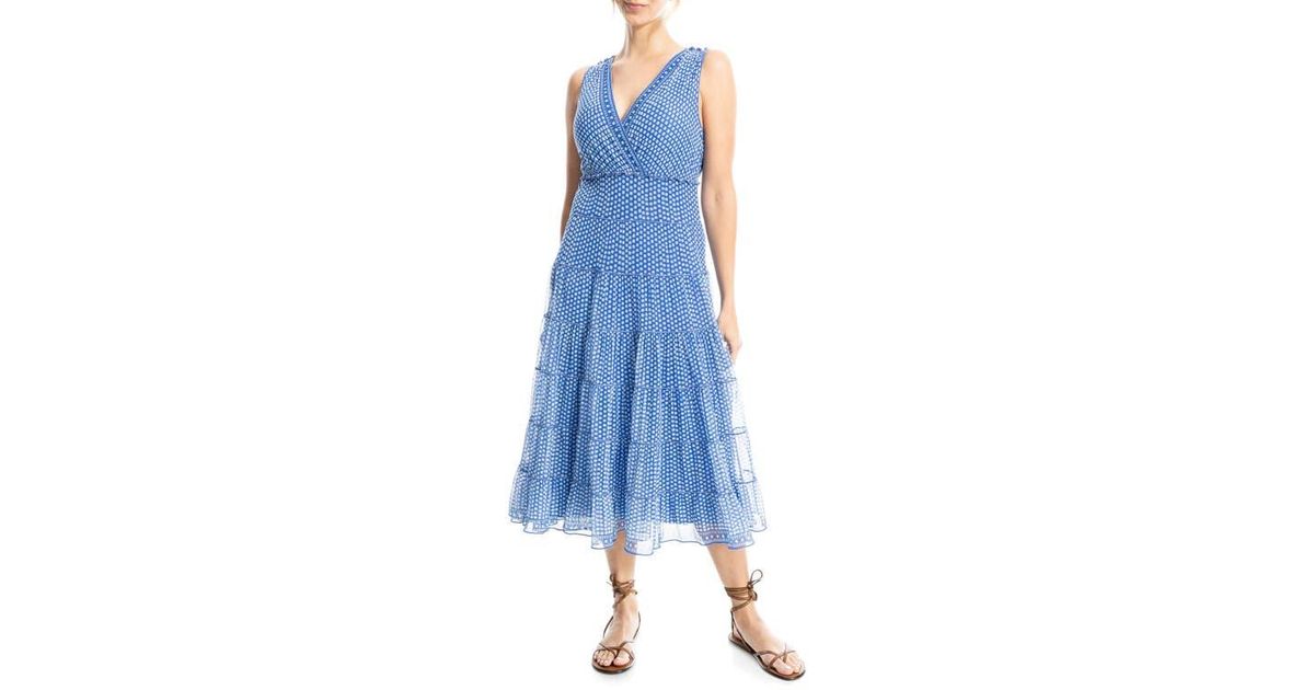 Max Studio V-Neck Sleeveless Mesh Midi Dress in Blue | Lyst