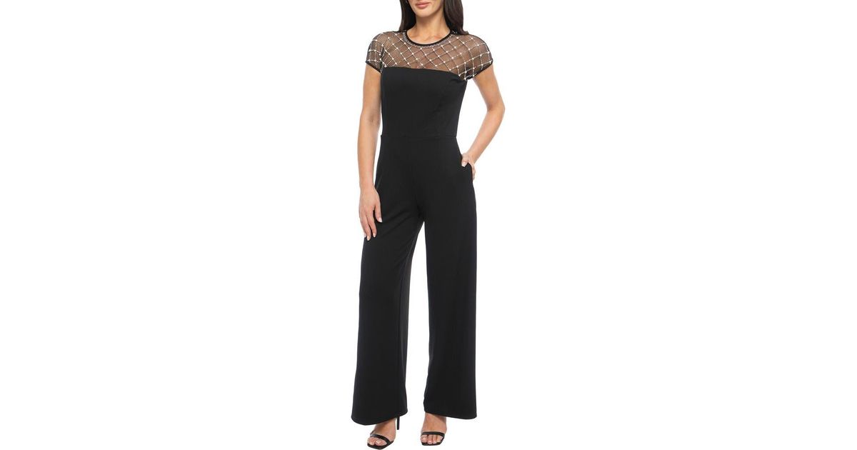 Marina Embellished Mesh Yoke Scuba Crepe Jumpsuit in Black | Lyst