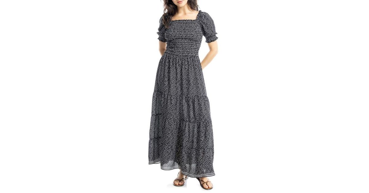 Max Studio Short Sleeve Smocked Tiered Maxi Dress in Gray | Lyst