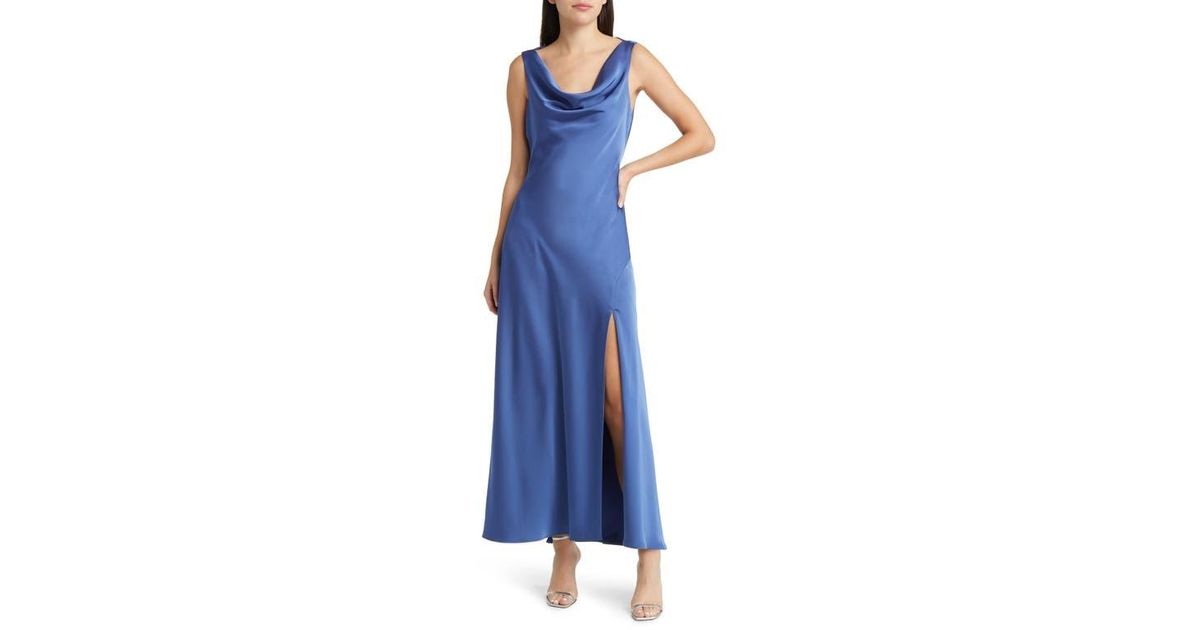 Mila + Mate Cowl Neck Satin Midi Dress in Blue | Lyst