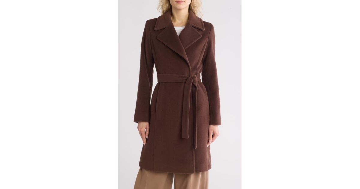 Fleurette Notch Lapel Wool Blend Wrap Coat in Brown | Lyst