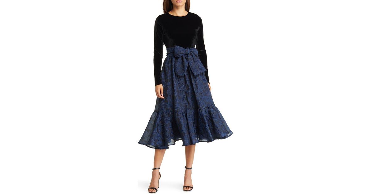 Rachel Parcell Tie Waist Tiered Long Sleeve Midi Dress in Blue | Lyst