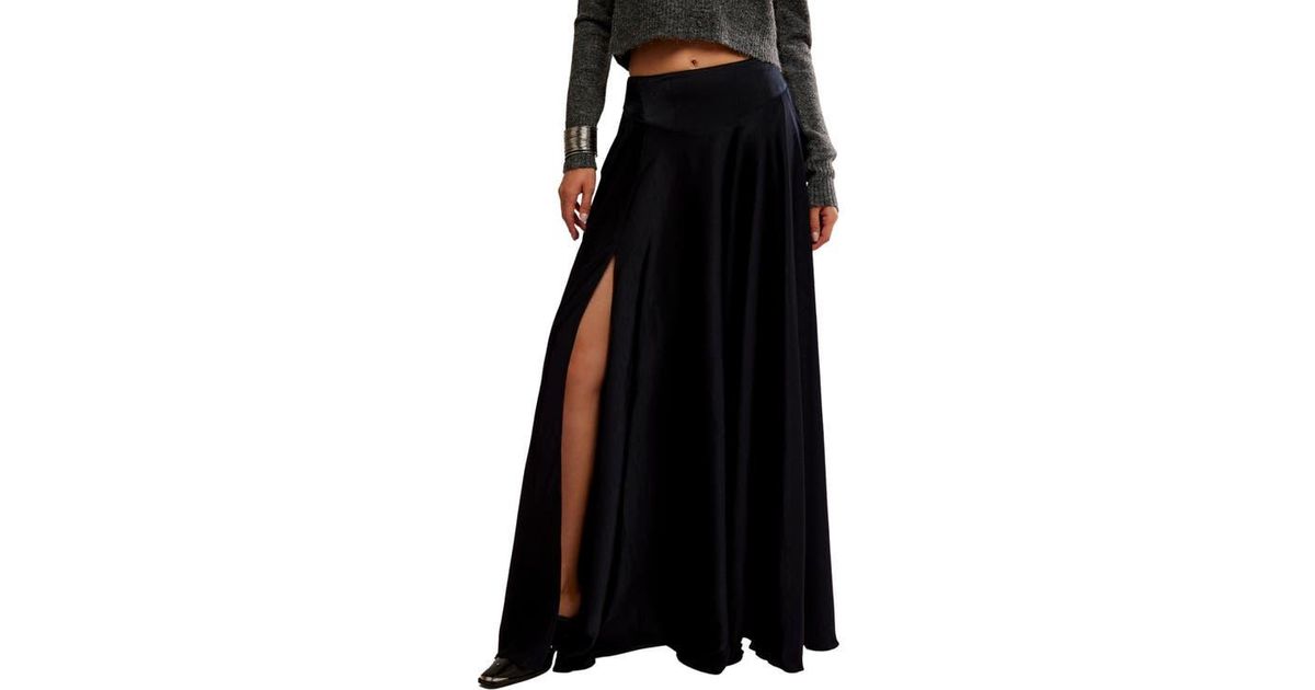 Free People Chilco Side Slit Satin Maxi Skirt in Black | Lyst