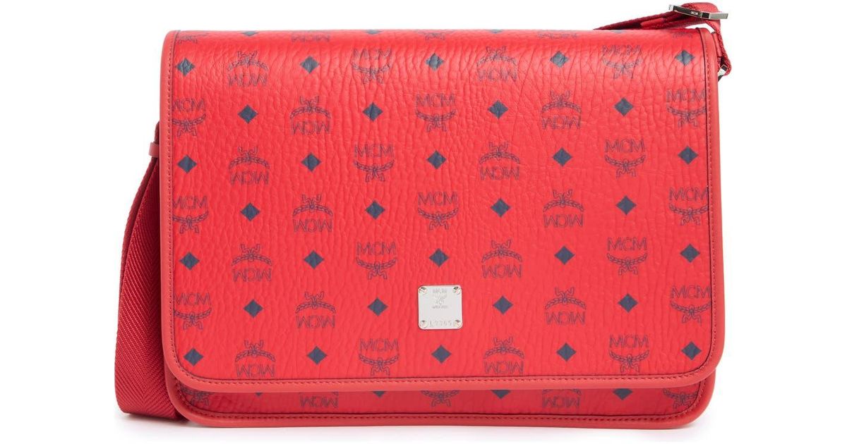 MCM Aren Logo Print Messenger Crossbody Bag in Red | Lyst