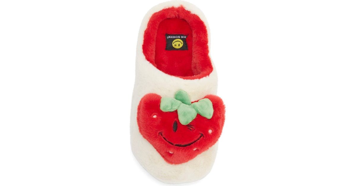 Joe Boxer Happy Strawberry Faux Fur Slipper in Red | Lyst