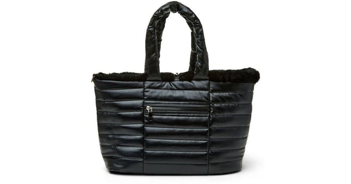 Think Royln Duplex Reversible Faux Fur Trim Tote & Pouch in Black | Lyst