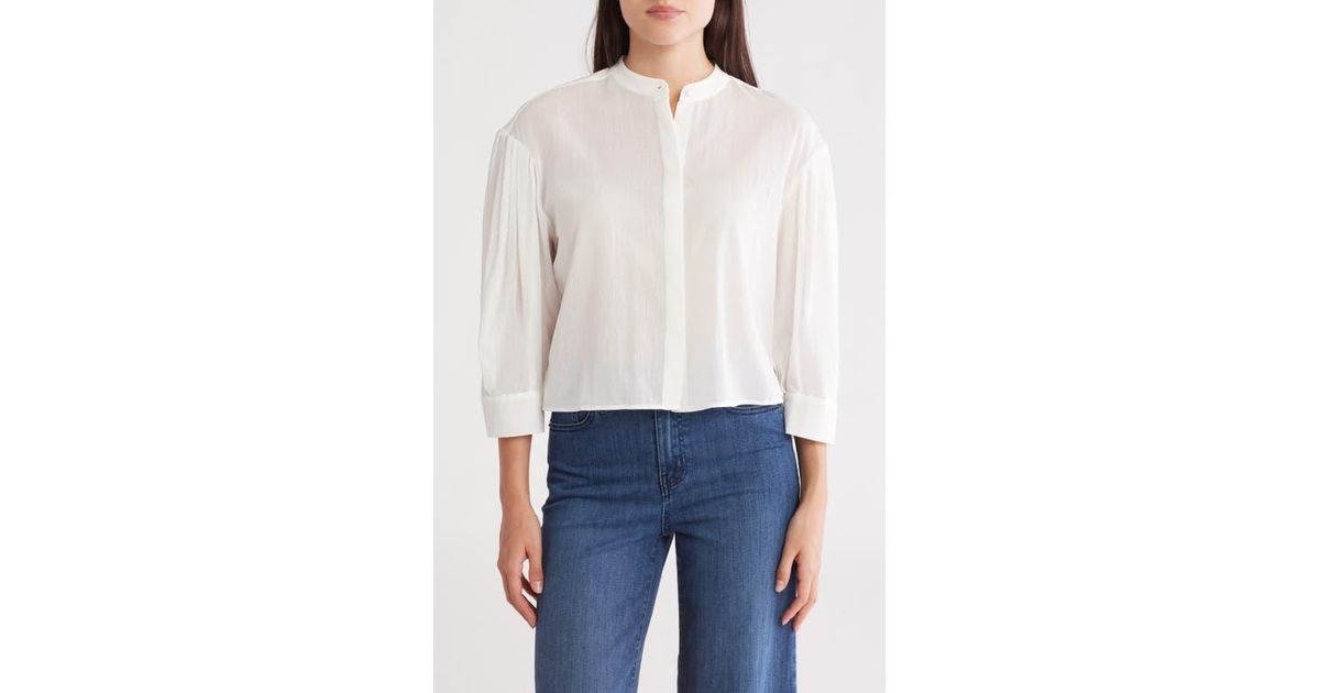 FRAME Puff Sleeve Crop Poplin Top in White | Lyst
