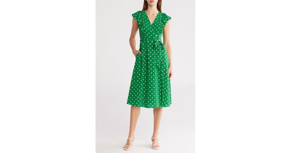 Eliza J Polka Dot Flutter Sleeve Fit & Flare Dress in Green | Lyst