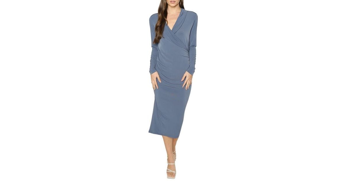 Matty M Leo Long Sleeve Draped Faux Wrap Midi Dress in Blue | Lyst