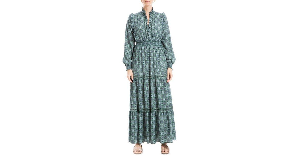 Max Studio Tiered Long Sleeve Maxi Dress in Green | Lyst