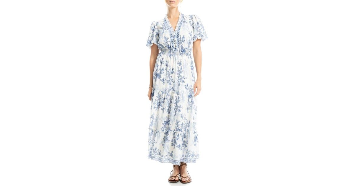 Max Studio Short Sleeve Tiered Georgette Maxi Dress in Blue | Lyst