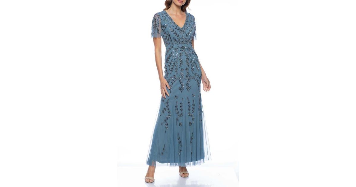 Marina Bead Embellished Flutter Sleeve Gown in Blue | Lyst