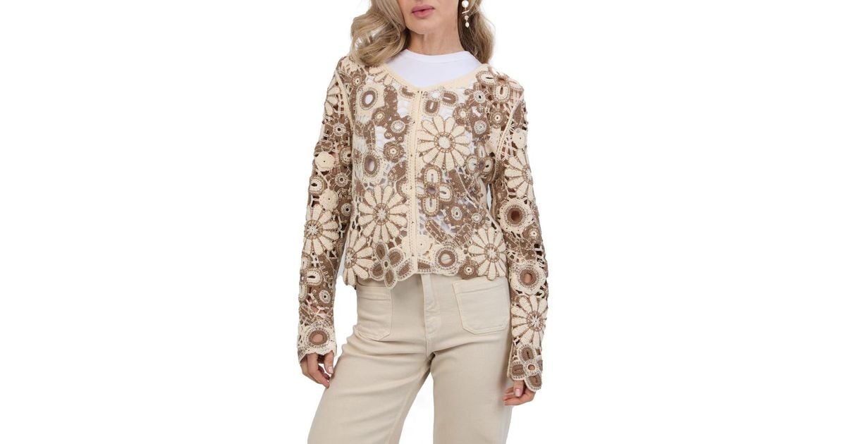 Saachi Flower Open Stitch Cardigan in Natural | Lyst