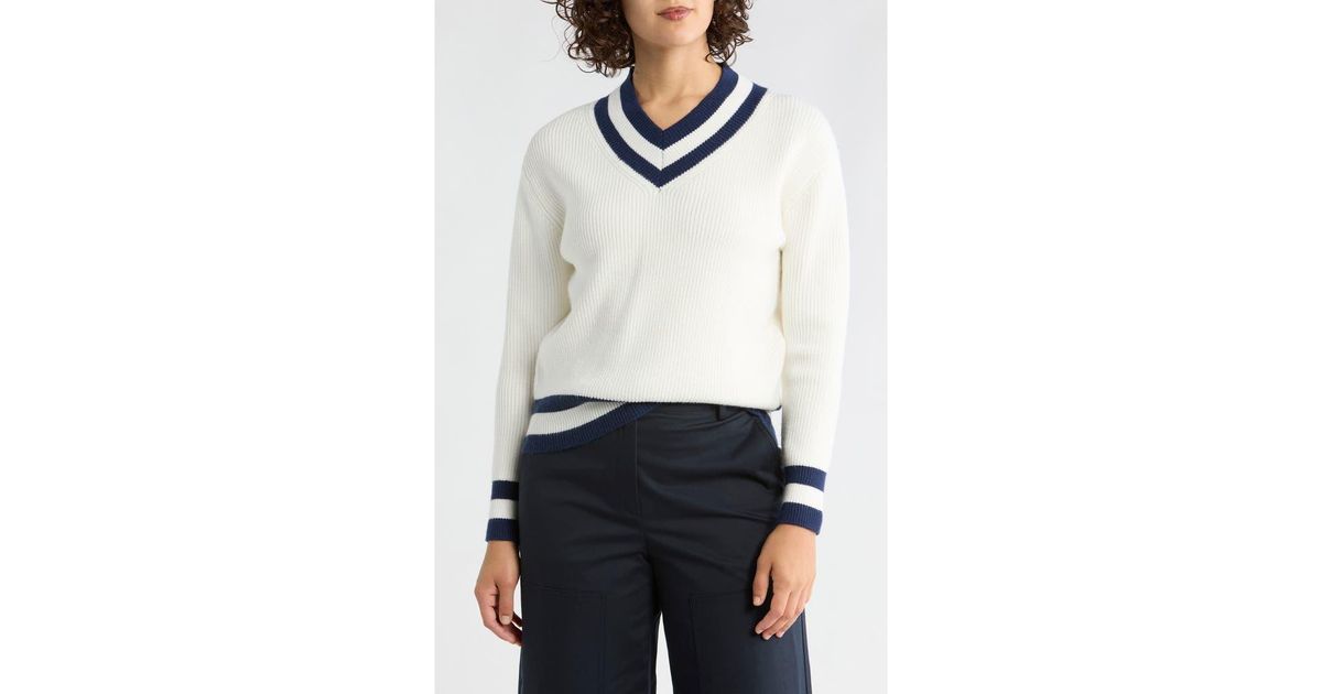 Vigoss Varsity Stripe V-Neck Sweater in White | Lyst