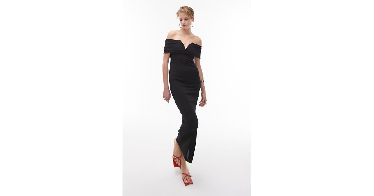TOPSHOP Off The Shoulder Notch Neck Midi Dress in Black | Lyst