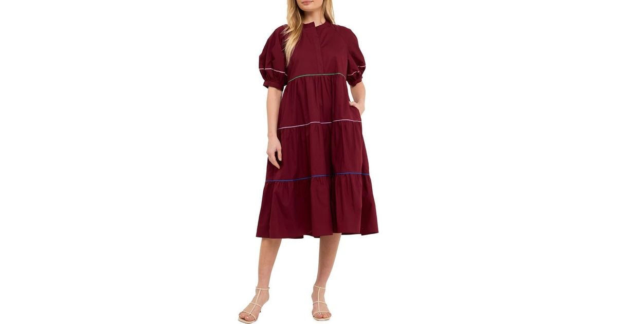 English Factory Tiered Puff Sleeve Cotton Midi Dress | Lyst