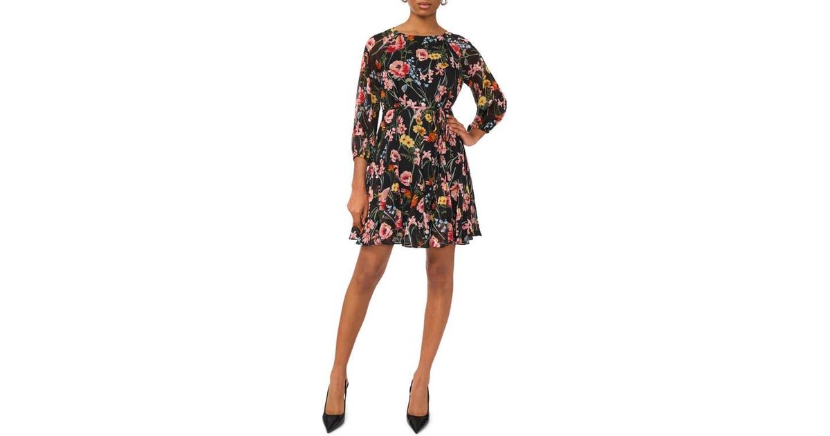 Halogen® Floral Balloon Sleeve Chiffon Fit & Flare Dress in Black | Lyst