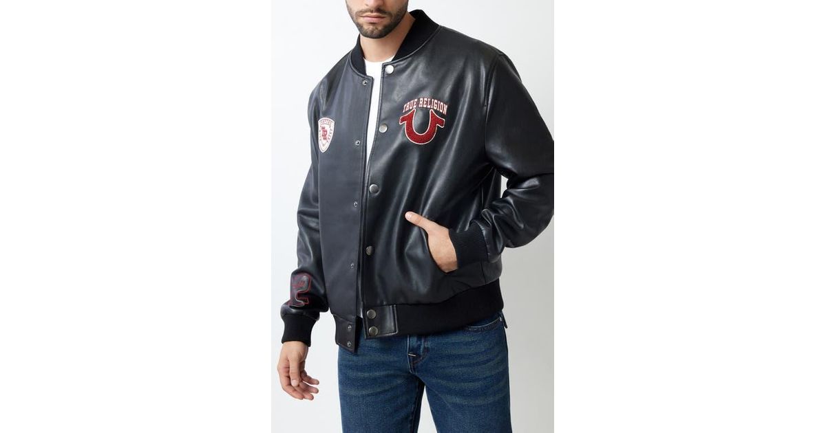 True Religion Faux Leather Varsity Jacket in Black for Men | Lyst