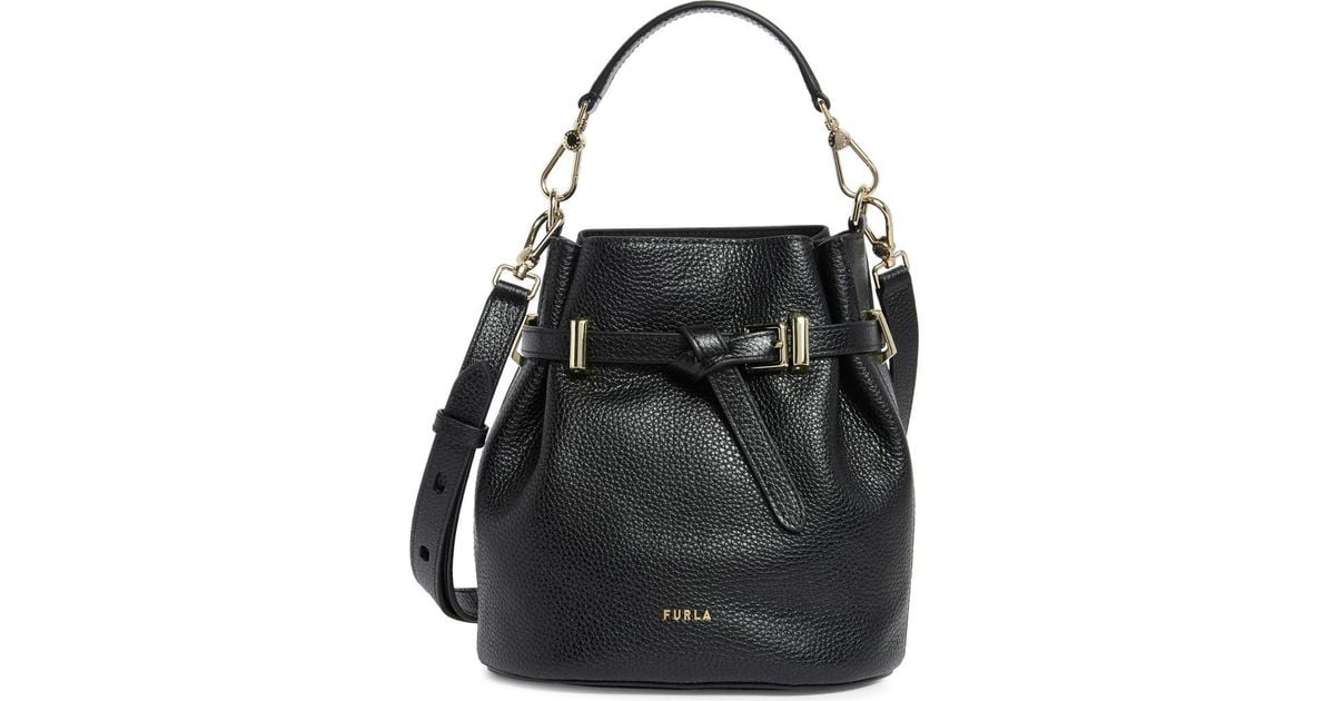 Furla Aura Mini Drawstring Leather Bucket Bag in Black | Lyst