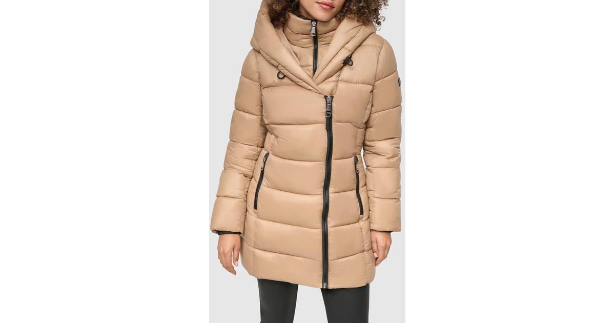 DKNY Asymmetric Bib Packable Quilted Coat in Natural | Lyst