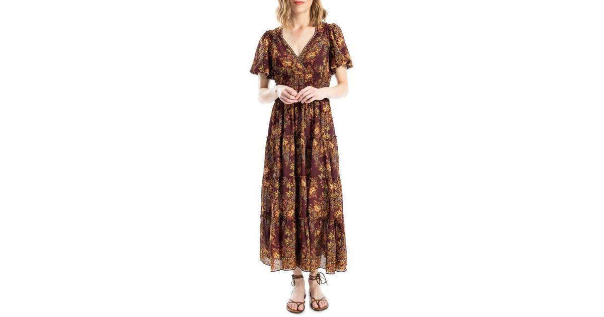 Max Studio Short Sleeve V-Neck Maxi Dress in Brown | Lyst