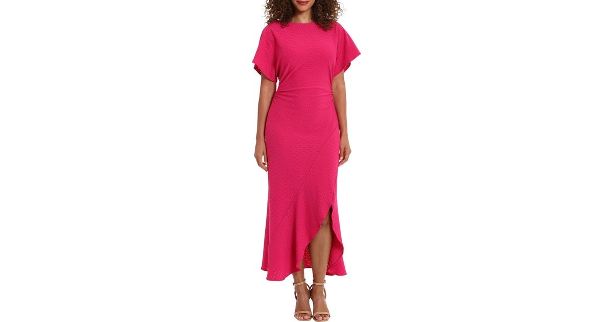 London Times Eyelet Short Sleeve Tulip Hem Midi Dress in Red | Lyst