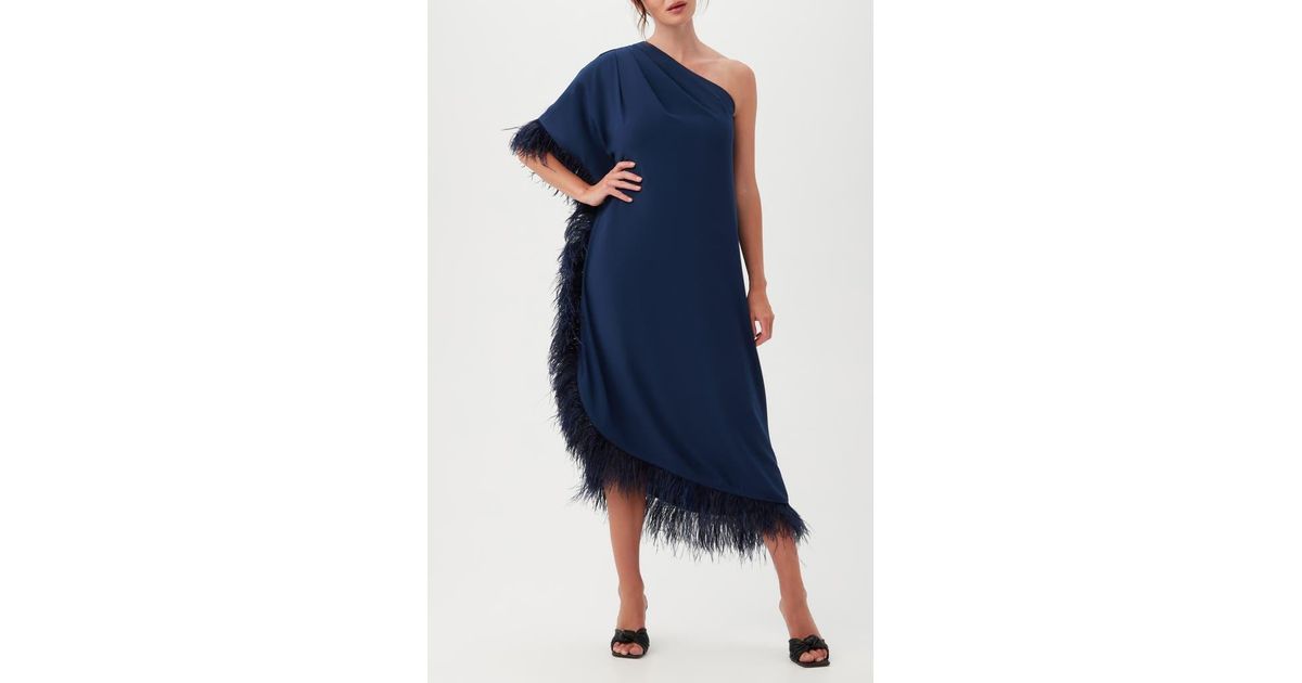 Trina Turk Largo One-Shoulder Feather Trim Caftan Maxi Dress in Blue | Lyst