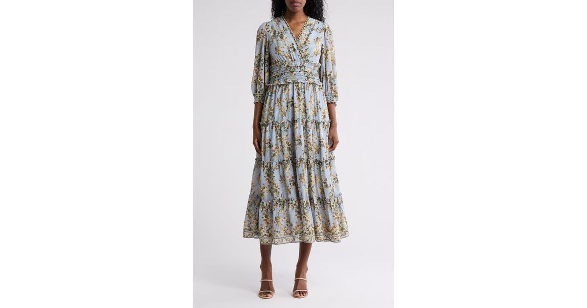 Max Studio Floral Balloon Sleeve Tiered Maxi Dress in Gray | Lyst