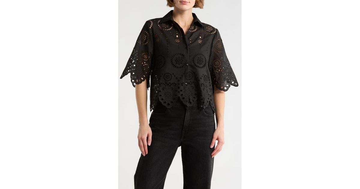 Forgotten Grace Eyelet Button Front Top in Black | Lyst