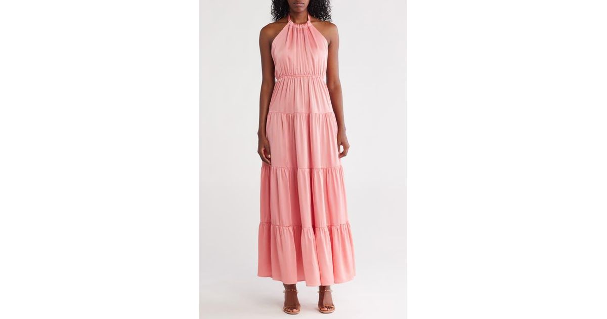 Love By Design Brody Halter Neck Tiered Maxi Dress in Pink | Lyst