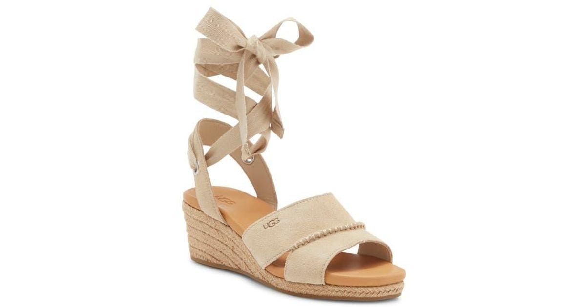 UGG Taia Ankle Tie Wedge Sandal in Natural | Lyst