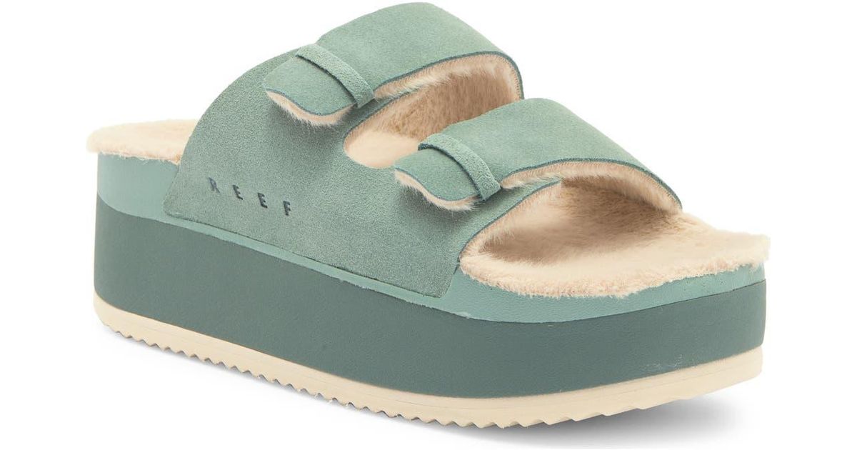 Reef Ojai Ciara Faux Fur Lined Platform Slide Sandal in Blue | Lyst