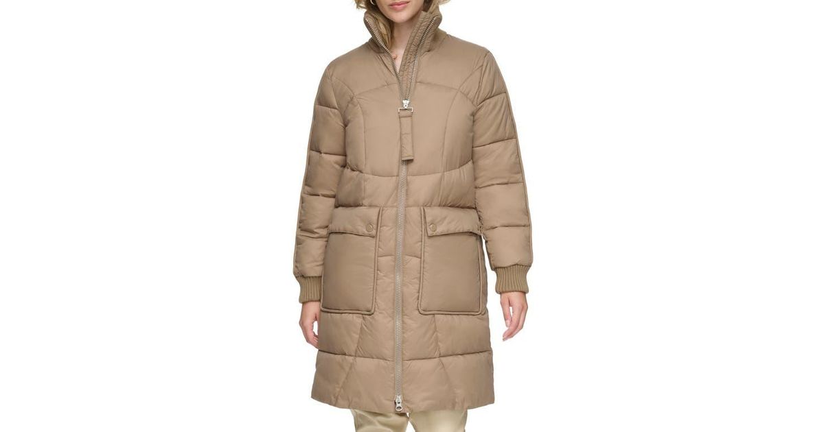 Andrew Marc Ribbed Collar Long Puffer Jacket in Natural | Lyst