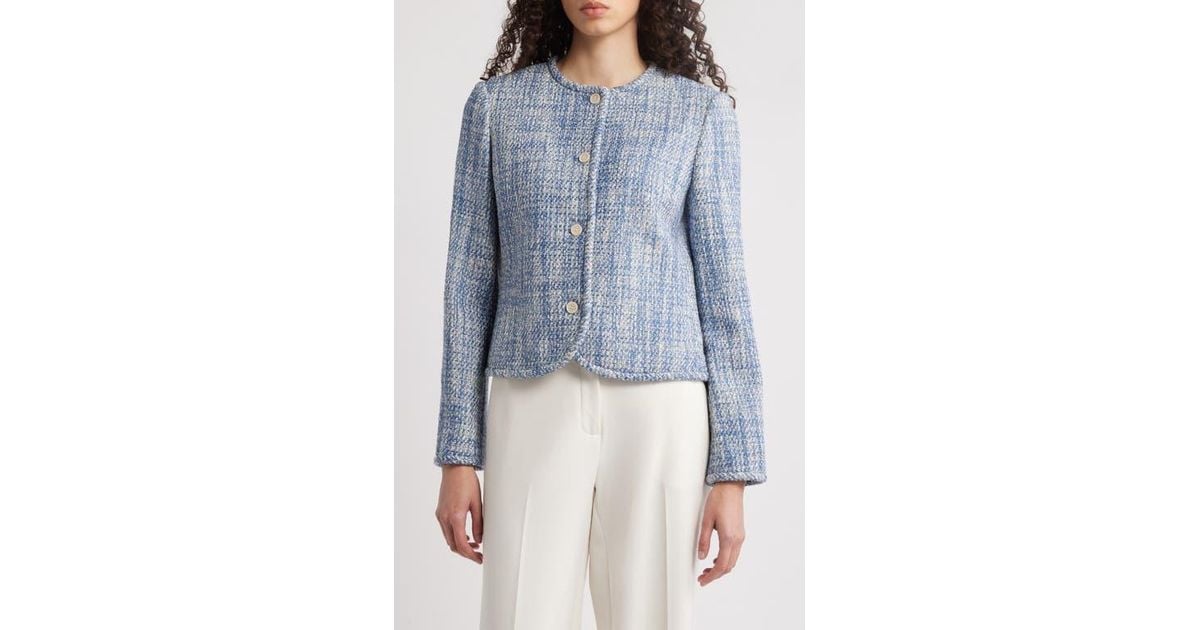 Theory Cotton Tweed Collarless Jacket in Blue | Lyst