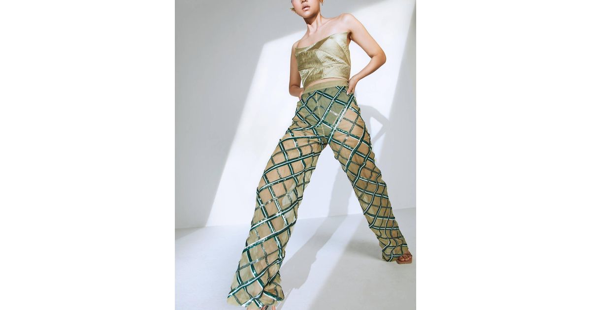 MANNATT GUPTA Embellished Sheer Pants In Pastel Olive Green | Lyst