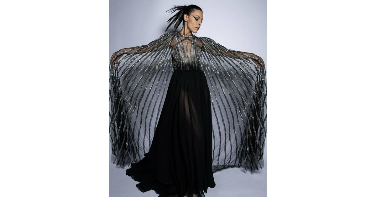 Rudraksh Dwivedi Platinum Cross Body Gown And Shoulder Cape Set in ...