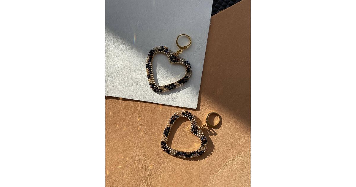 SHH BY SADIE Hand Beaded Leopard Print Heart Hoop Earrings in Metallic ...
