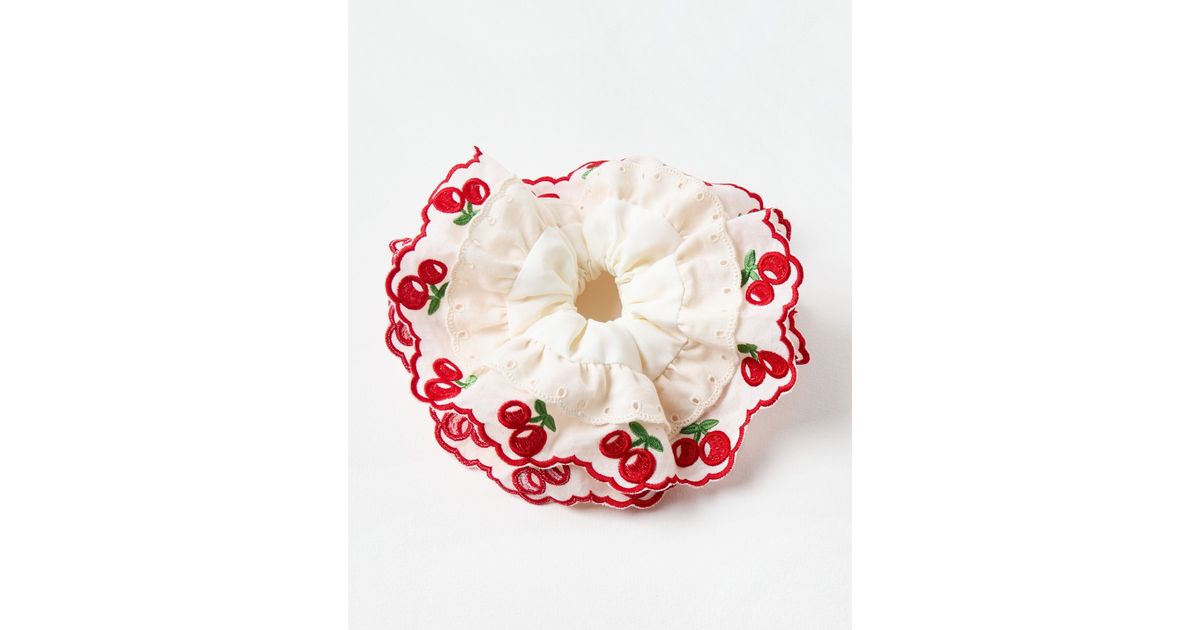 Oliver Bonas Frida Cherry Trim Large Frill Scrunchie in Red | Lyst UK