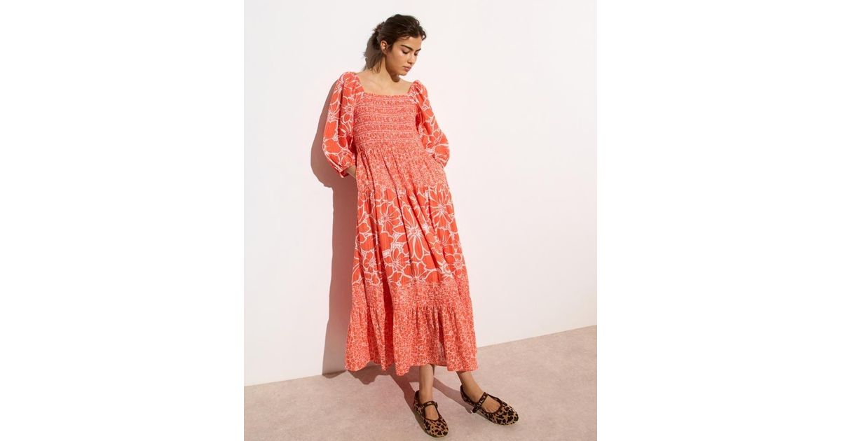 Oliver Bonas & White Floral Puff Sleeve Cotton Midi Dress in Pink | Lyst