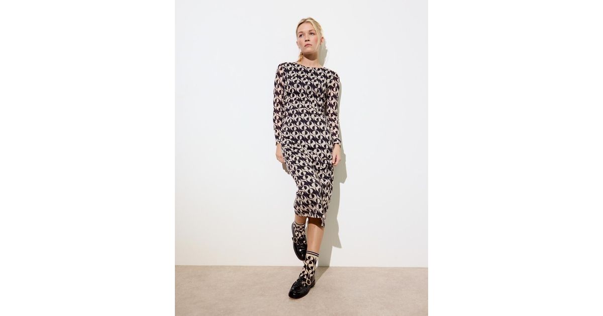 Oliver Bonas Abstract Print Monochrome Mesh Midi Dress in White | Lyst