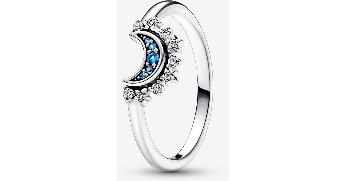 PANDORA Celestial Blue Sparkling Moon Ring in Metallic | Lyst