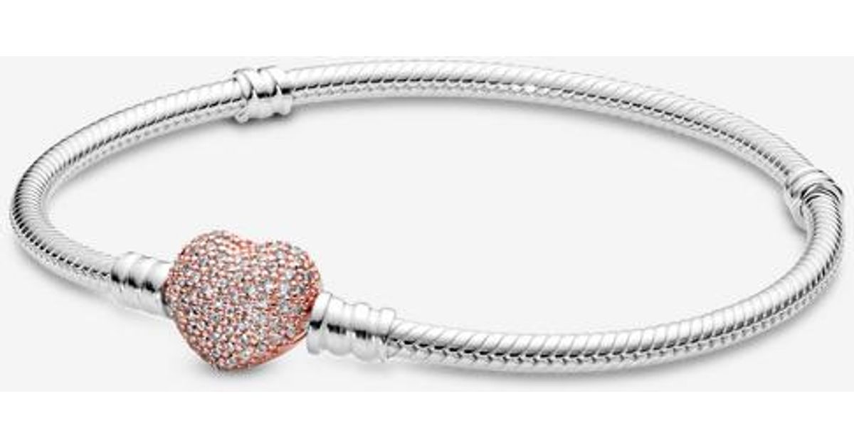 PANDORA Pavé Heart Clasp Snake Chain Bracelet in Metallic | Lyst UK