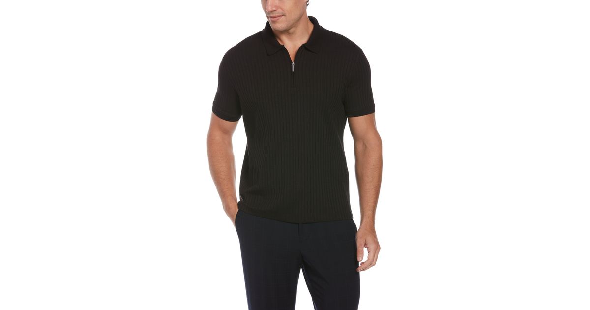 Perry Ellis Ribbed Quarter Zip Polo in Black for Men | Lyst
