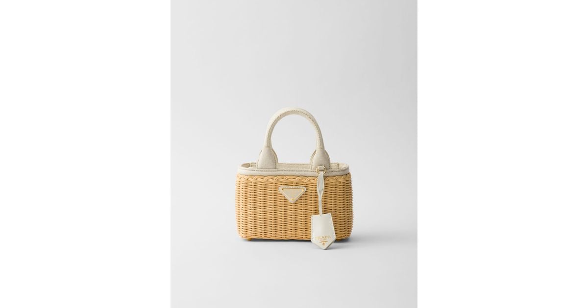Prada Mini Wicker And Linen Blend Tote Bag in Metallic | Lyst