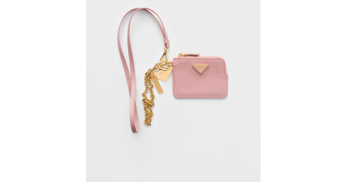 Prada Saffiano Leather Card Holder With Shoulder Strap in Pink | Lyst UK